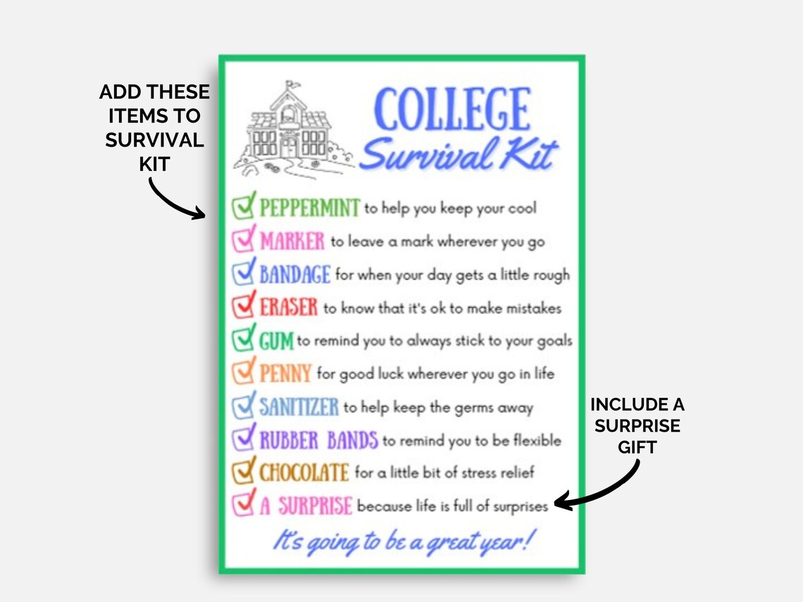 College Survival Kit Gift Tag, Welcome to College, 5x7” Printable ...