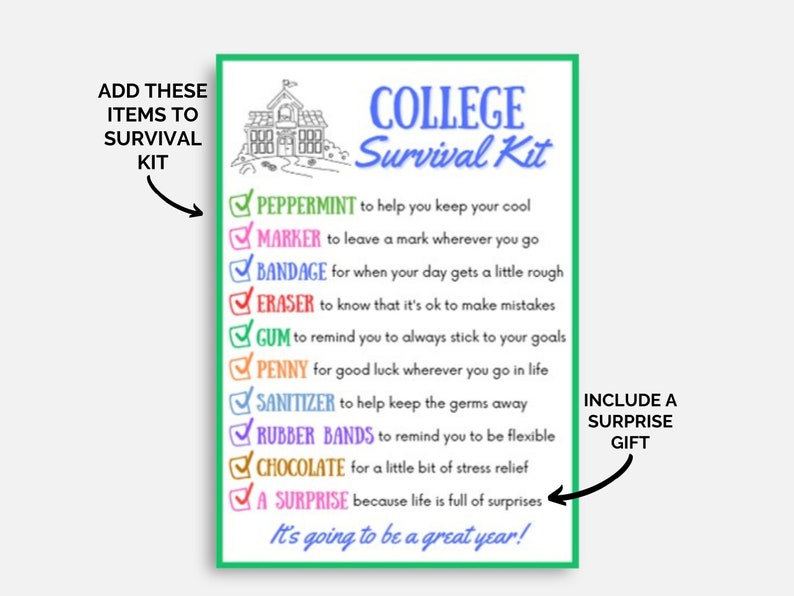 College Survival Kit Gift Tag, Welcome to College, 5x7” Printable ...