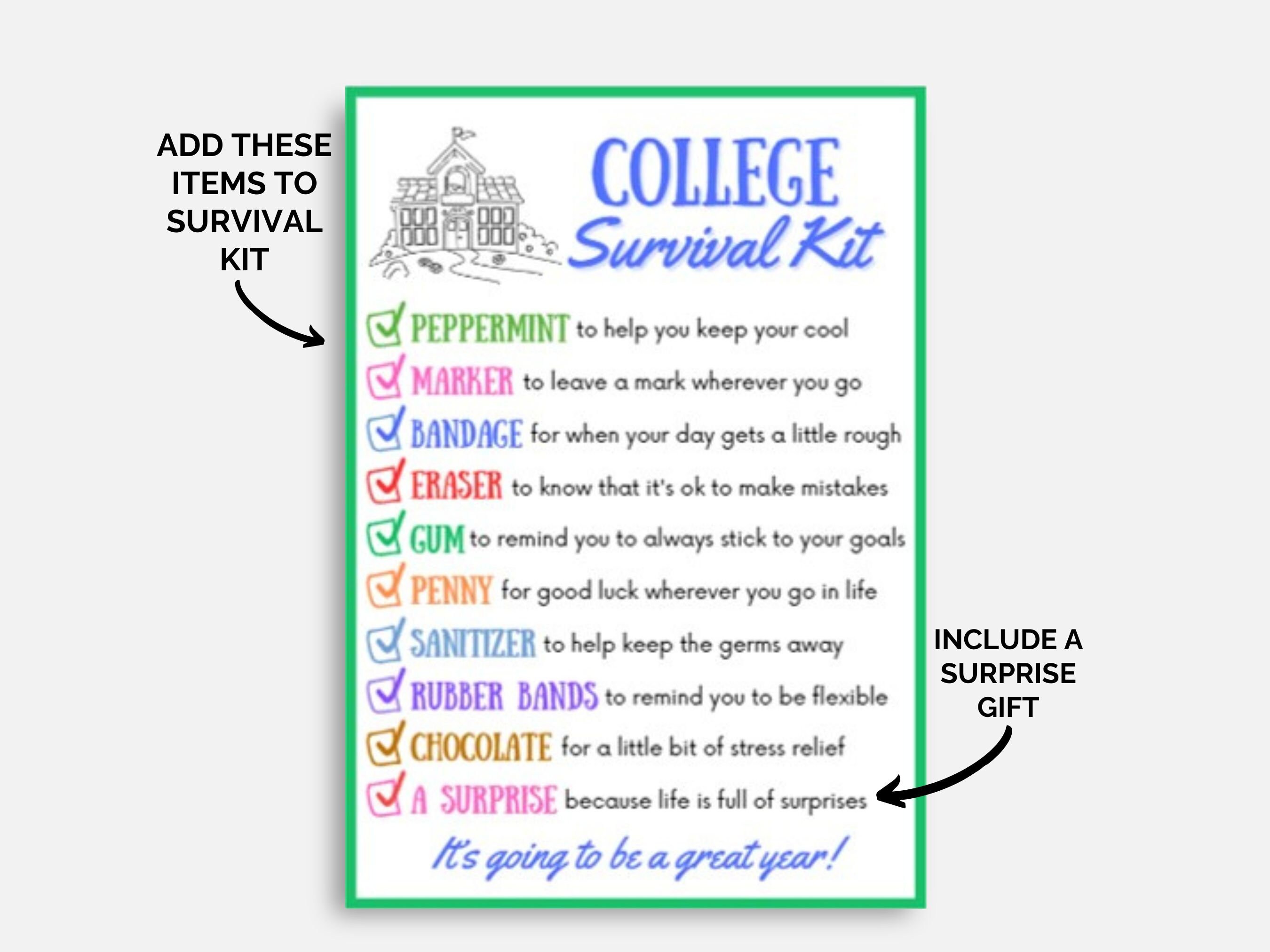 College Survival Kit Gift Tag, Welcome to College, 5x7” Printable ...