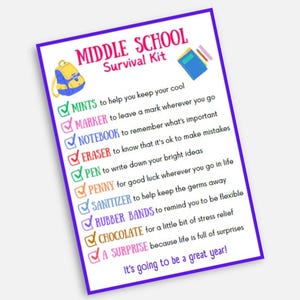 Middle School Survival Kit Gift Tag, First Day of School, Instant ...