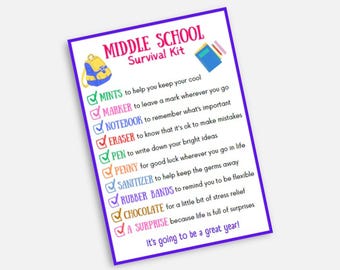 Junior High School Survival Kit Gift Tag, First Day of School, Instant ...