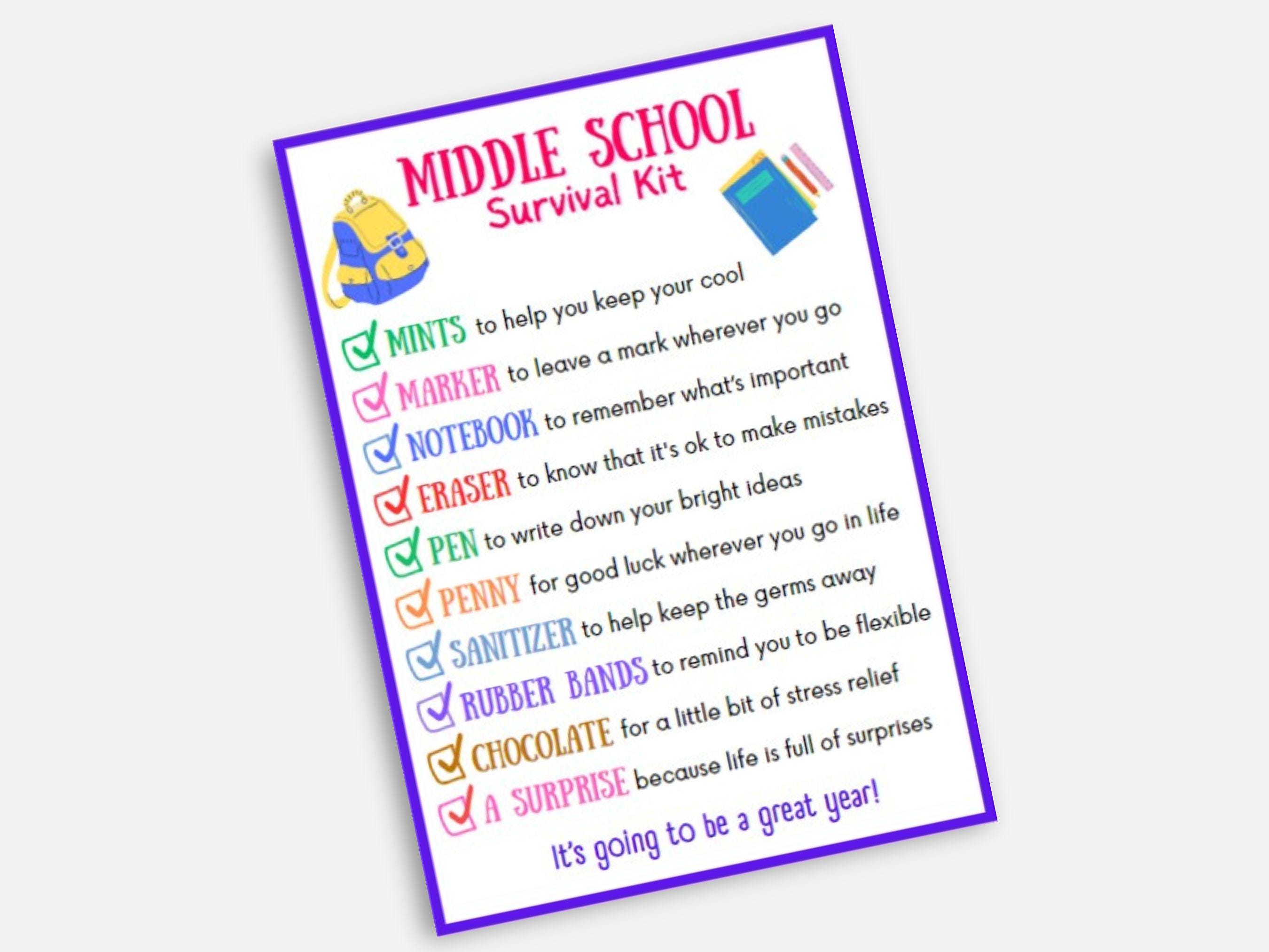 Middle School Survival Kit Gift Tag, First Day of School, Instant ...