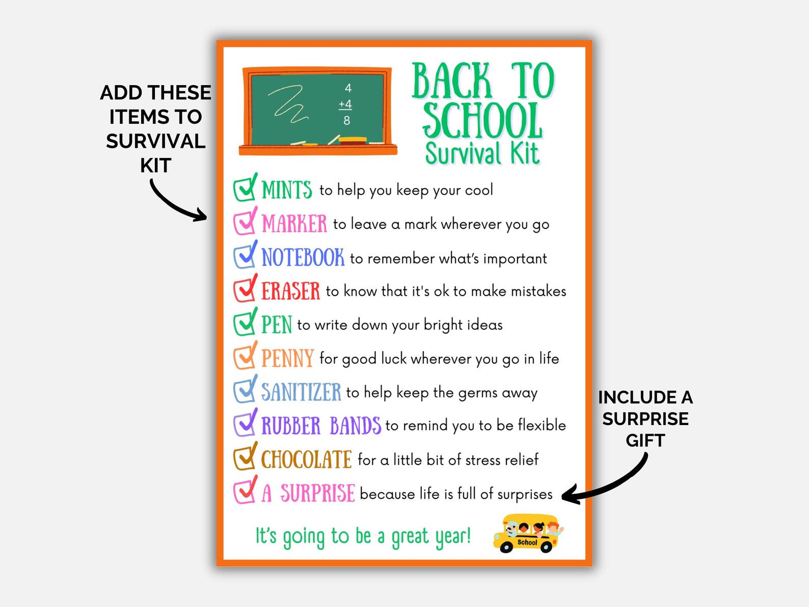 Back to School Survival Kit Gift Tag, First Day of School, Instant ...