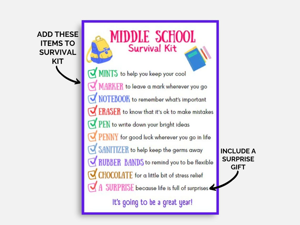 Middle School Survival Kit Gift Tag, First Day of School, Instant ...