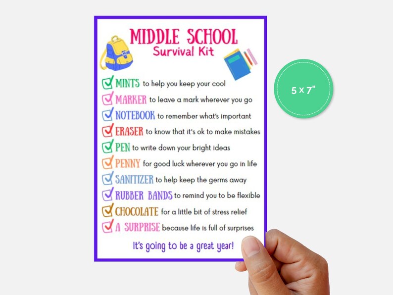 Middle School Survival Kit Gift Tag, First Day of School, Instant ...