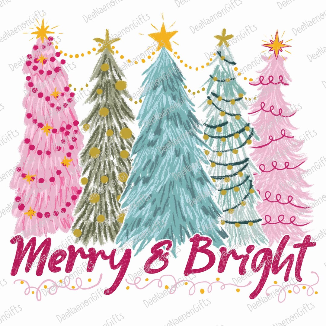 Merry and Bright Christmas Tree Png, Retro Christmas Tree Png, Hand ...