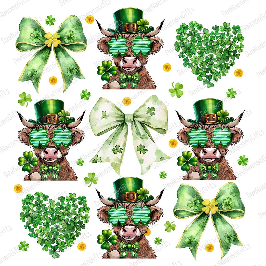 St. Patrick's Day Highland Cow Png, Clover Bow Png, Shamrock Heart Png ...