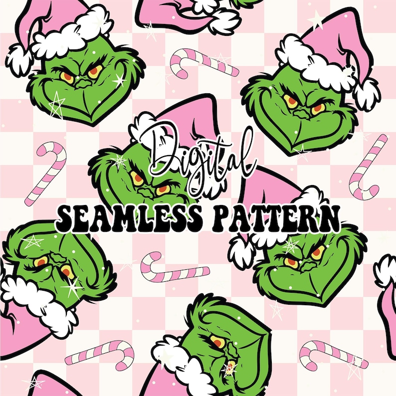 Green Christmas Seamless Pattern: Grinch, Pink Checkered, Candy Cane (PNG Digital) - Etsy