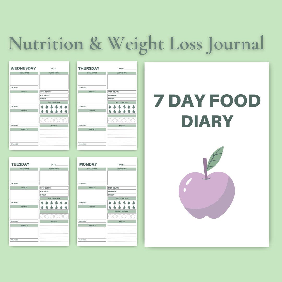7 Day Food Diary Printable Weekly Nutrition & Fitness Tracker Digital ...