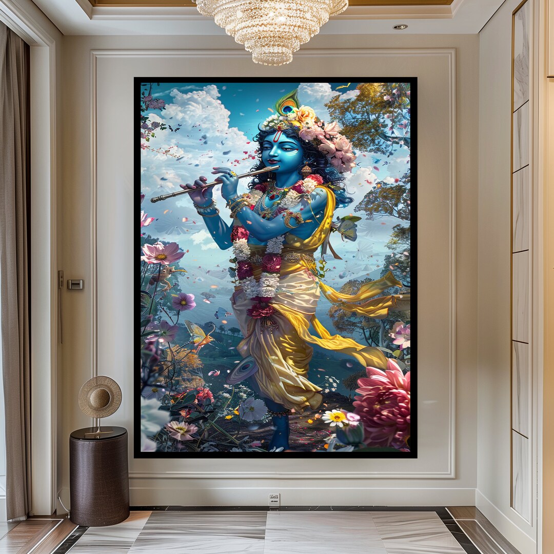 God Krishna Decor Canvas Print Hindu God Art Indian Culture Art Large ...