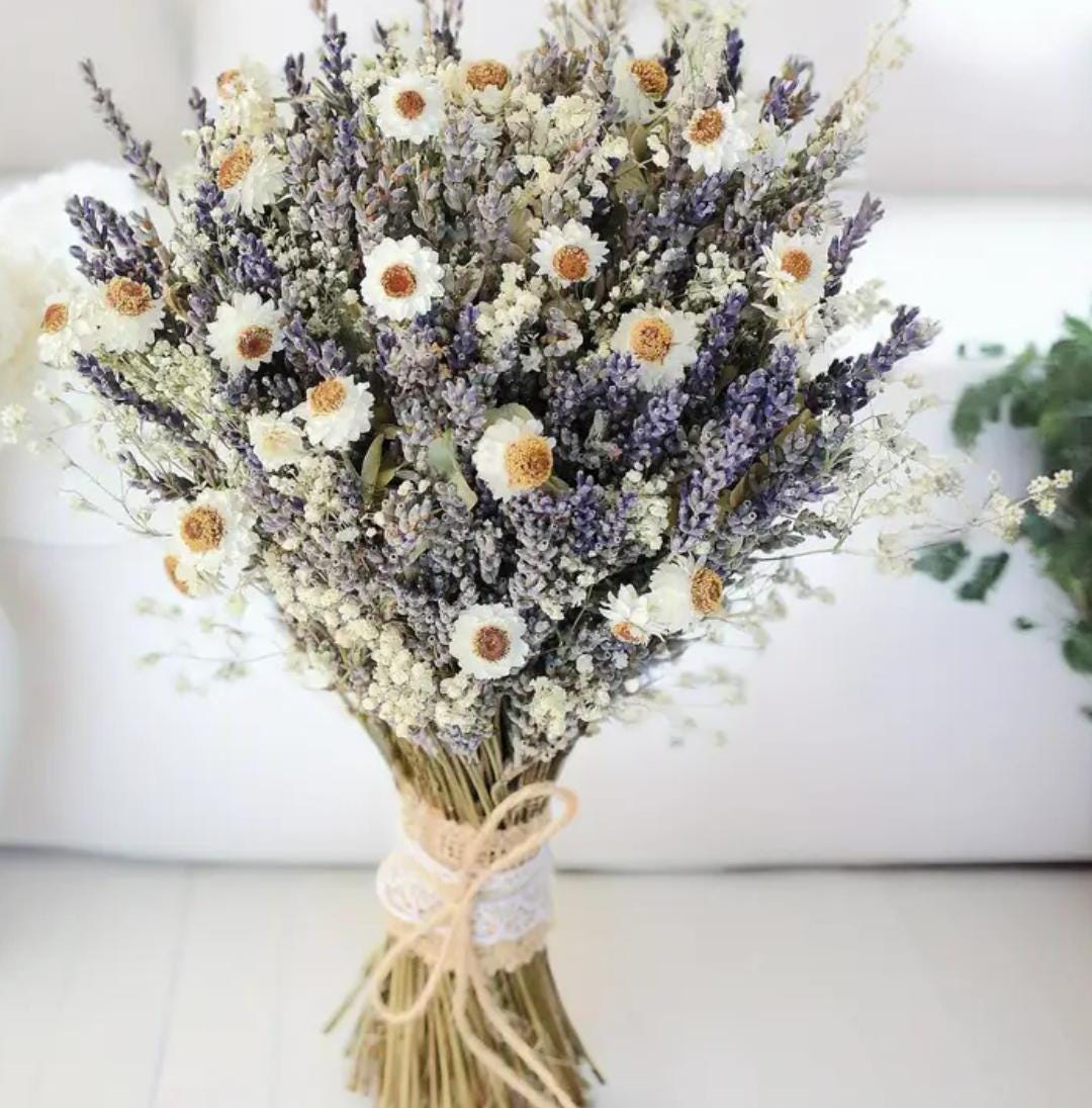 Bridal Dried Flower Bouquet Lavender Bouquet Daisy Bouquet Baby Breath ...