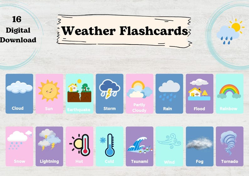 Kids Weather Printable Flashcard in English Kids Digital Learning Cards ...