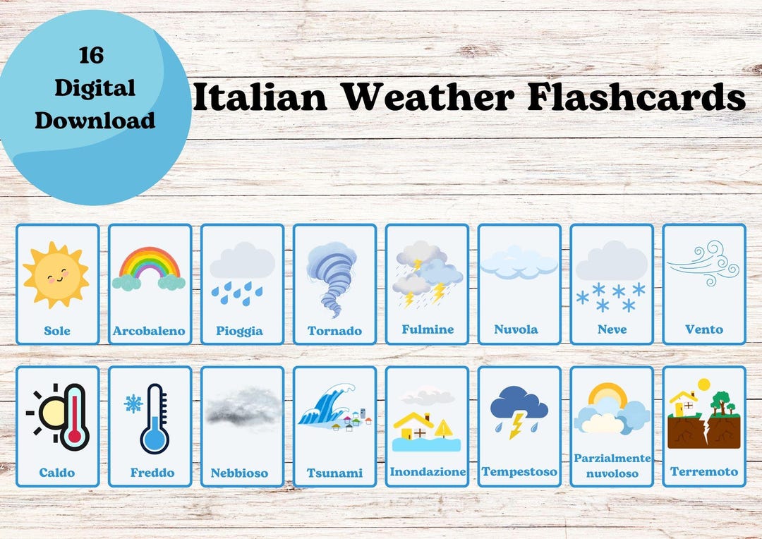 Italian Weather Printable Flashcard Digital Learning Cards for Kids ...
