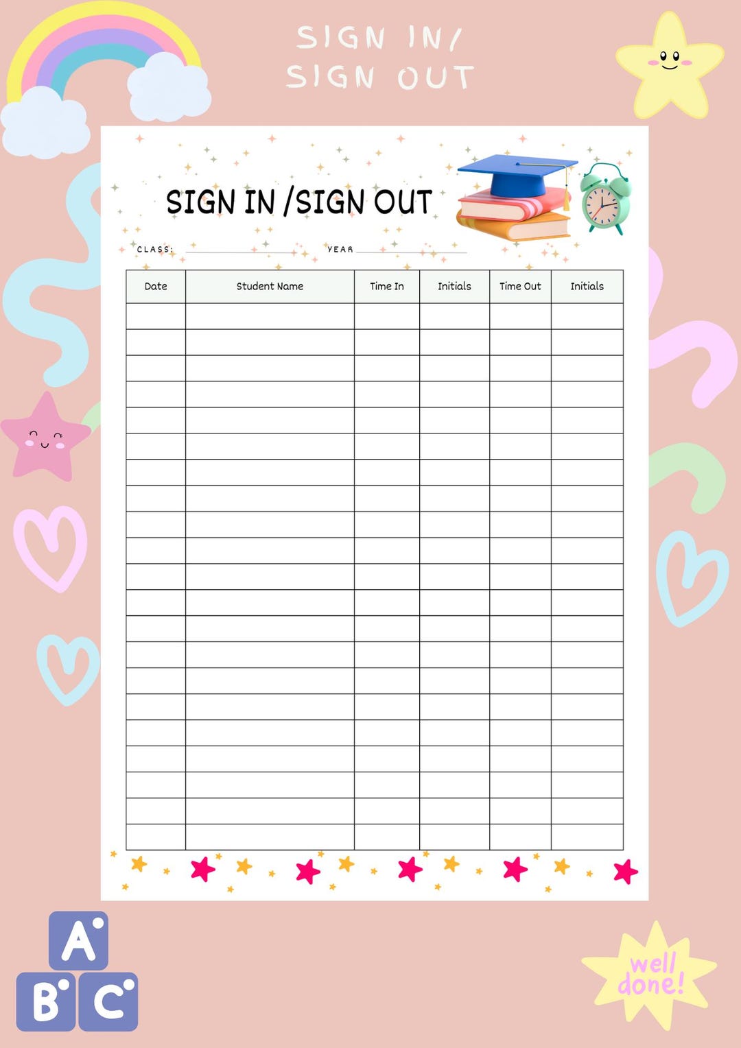 Printable Sign in Sheet,attendance List,printable Time in Timeout ...