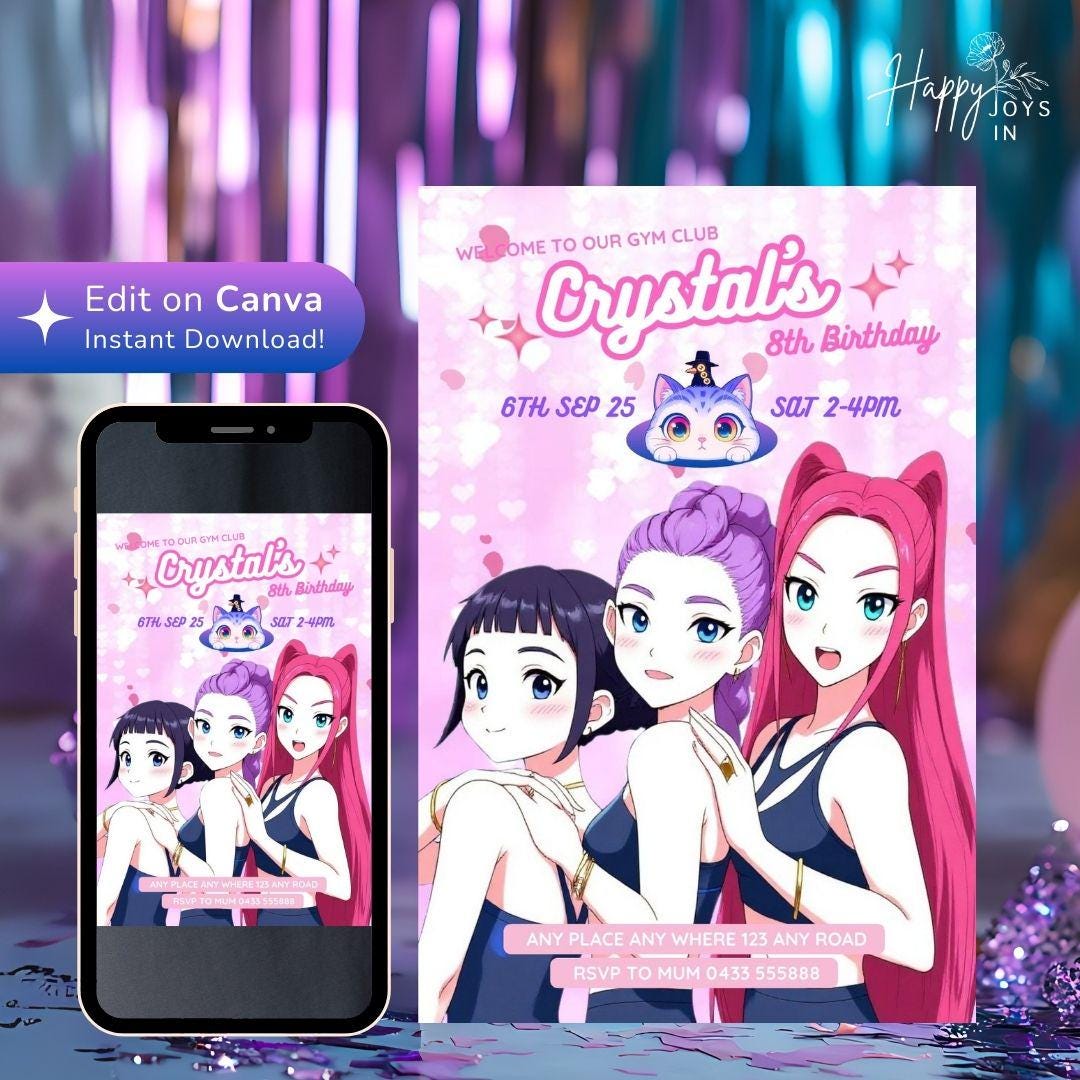 Kpop Demon Hunters Party Invitation | Huntrix Girls Gym Party Animated ...