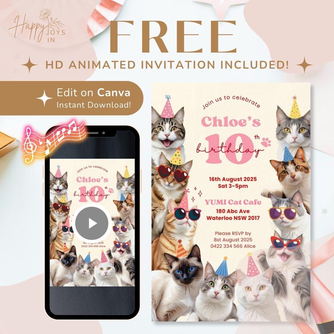 Cat Themed Birthday Invitation | Cat Themed Video Invitation | Digital ...