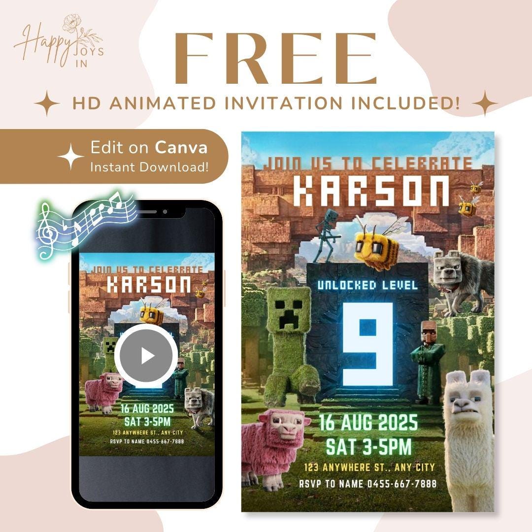 Editable Mine Minecrafter Birthday Invitation | Mine Minecrafter Video ...