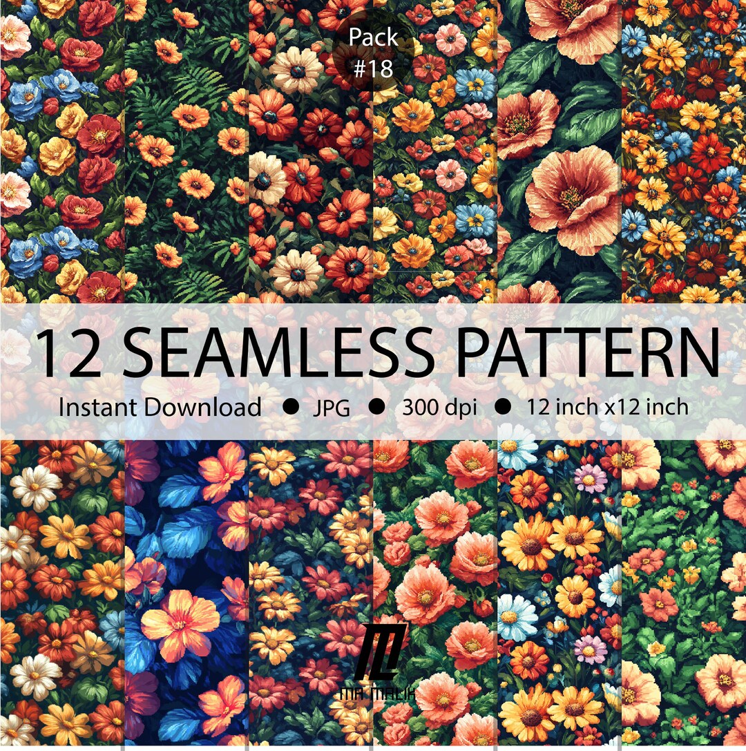 Pixel Art Seamless Texture Pattern Vintage Flowers Digital Download for ...