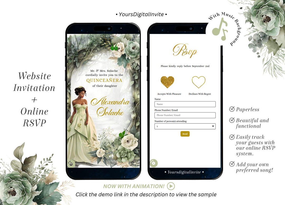 Sage Green Afro Princess Quinceanera Mobile Invite, Enchanted Whimsical ...