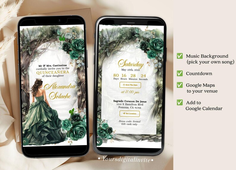 Emerald Green Whimsical Forest Quinceanera Mobile Invite, Enchanted ...