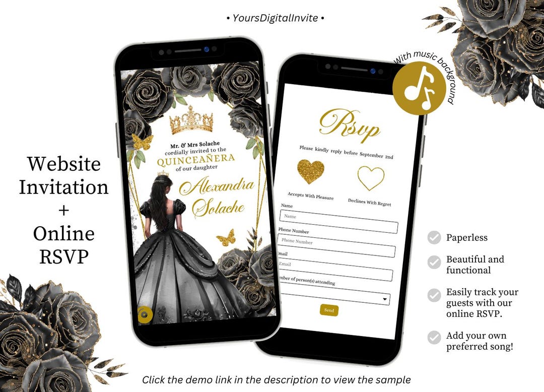 Geometric Black and Gold Mis Quince Invitation, Black Floral Butterfly ...