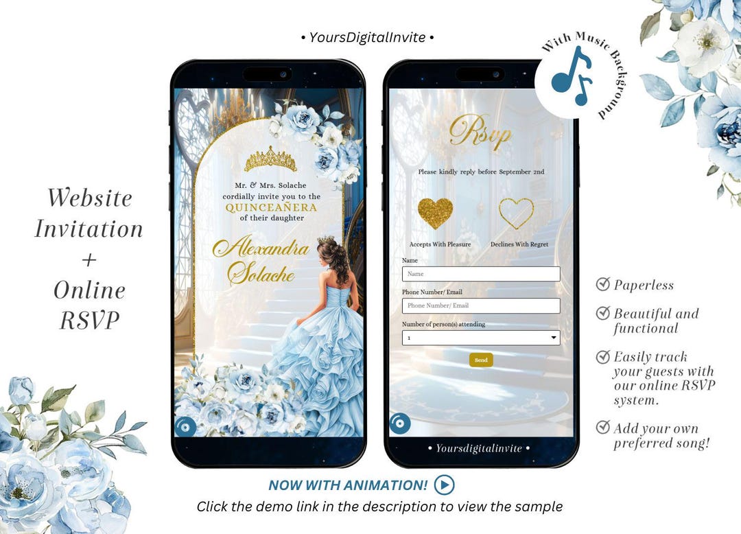 Dusty Blue Princess Quinceañera Mobile Invitation, Fairytale Floral ...