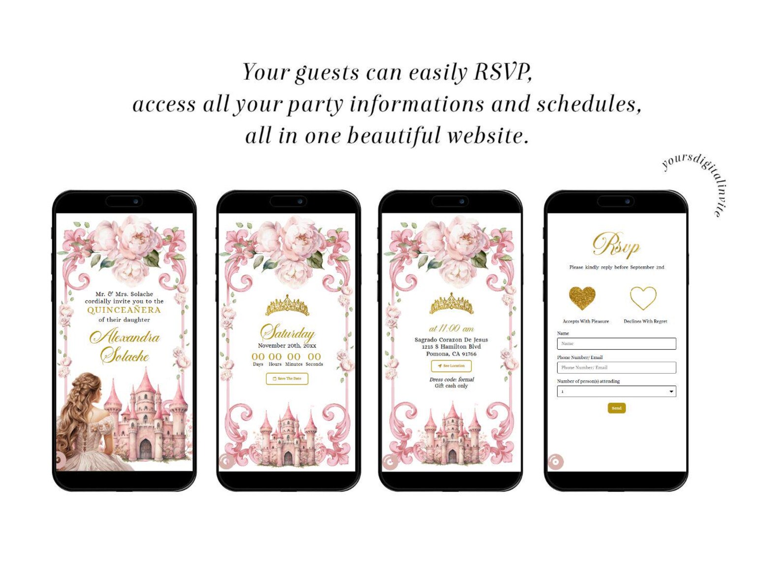 Fairytale Princess Pink Quinceañera Mobile Invite, Pink Floral Arch ...