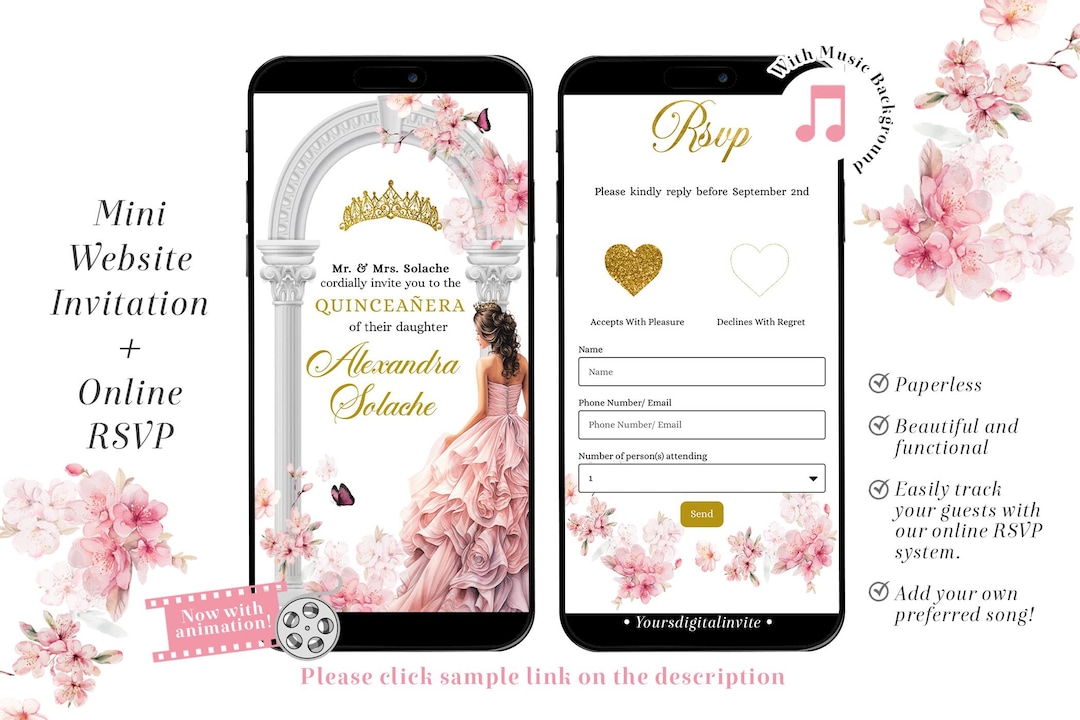Pink Cherry Blossom Princess Quinceañera Mobile Invite, Royal Mis ...