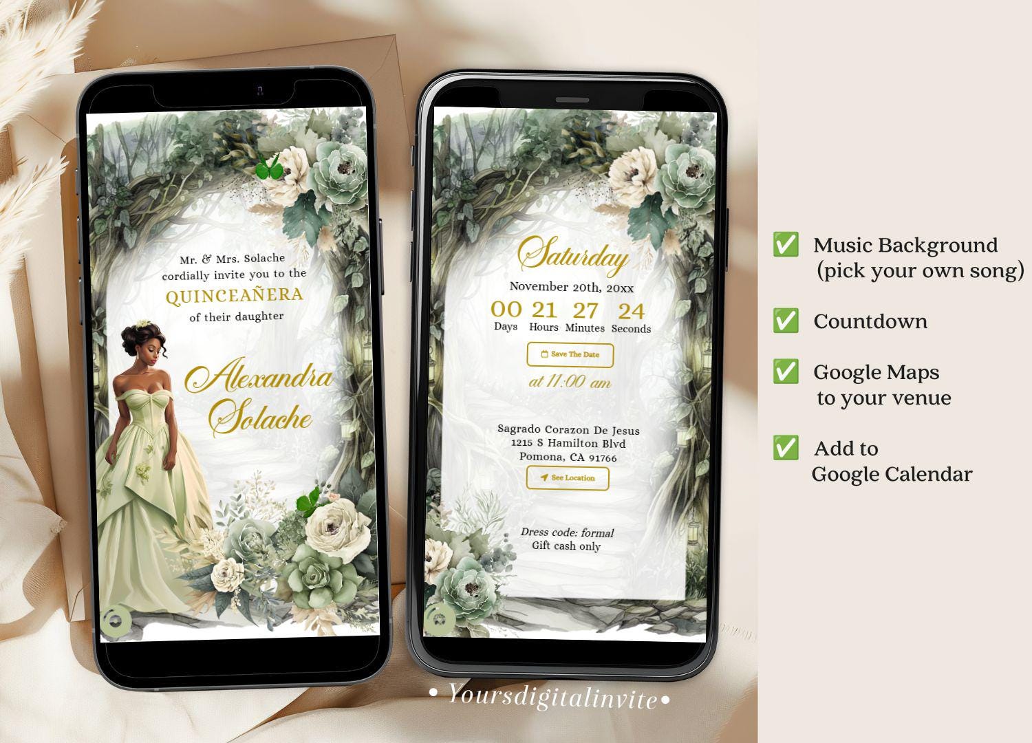 Sage Green Afro Princess Quinceanera Mobile Invite, Enchanted Whimsical ...