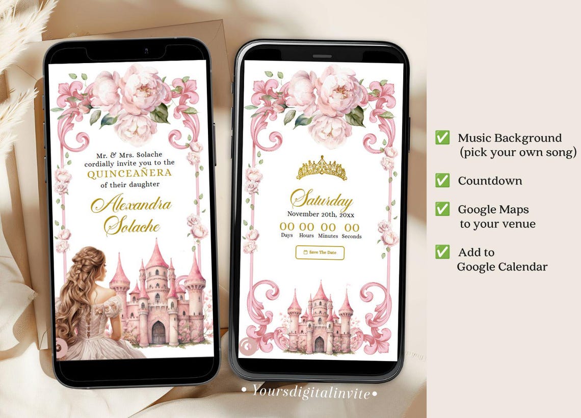 Fairytale Princess Pink Quinceañera Mobile Invite, Pink Floral Arch ...