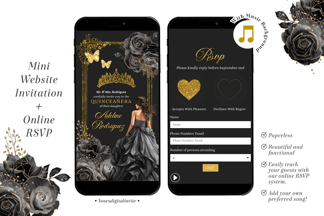 Elegant Gold and Black Rose Princess Quinceañera Online RSVP, Gold ...