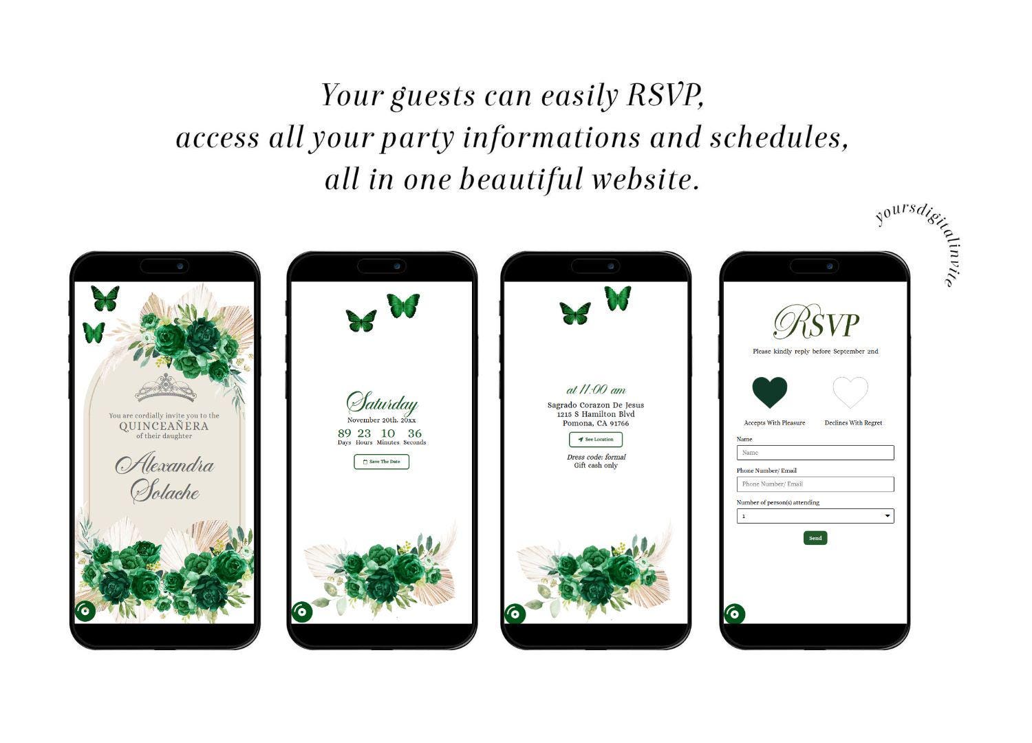 Boho Emerald Green Quinceañera Mobile Invite, Green Flower Butterfly ...