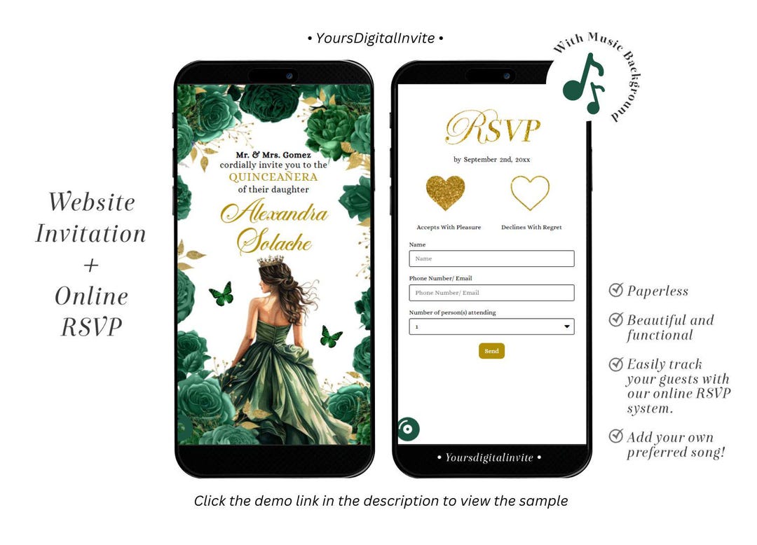 Gold and Emerald Green Quinceanera Mobile Invite, Green Envelope Quince ...