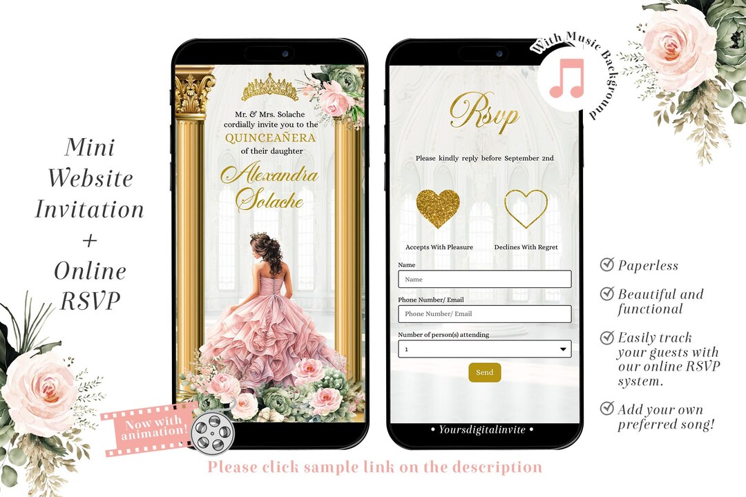 Pink Sage Princess Quinceañera Mobile Invite, Sage Green Floral ...