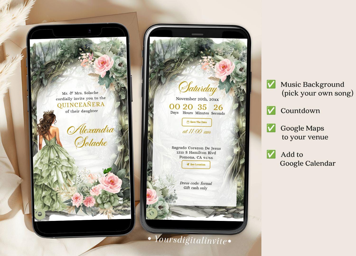 Sage Green Pink Whimsical Forest Quinceanera Mobile Invite, Enchanted ...