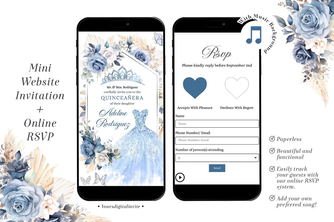 Mexican Boho Princess Quinceañera Invite, Silver Quince Tiara and Blue ...