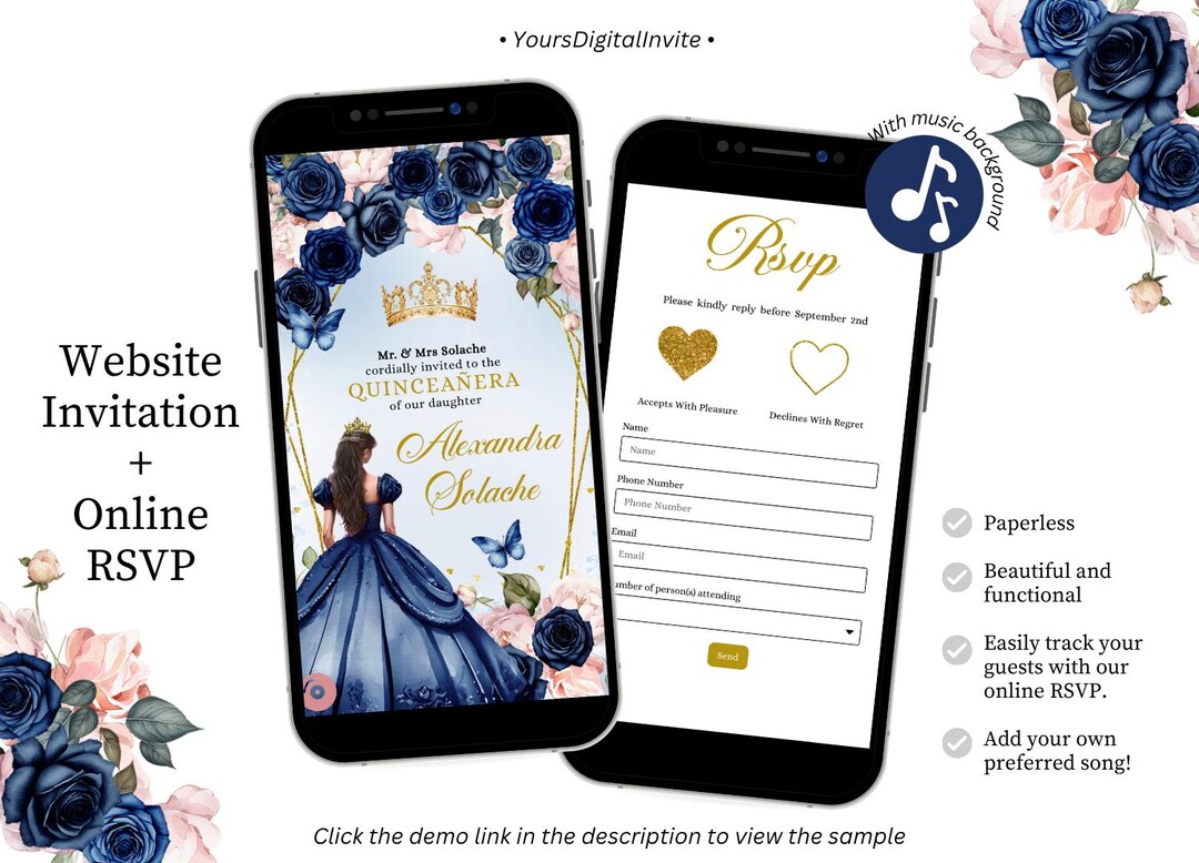 Geometric Navy Gold Blush Pink Mis Quince Invitation, Navy Blue Floral ...