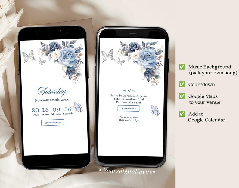 Invitación de quinceañera estilo princesa bohemia en azul polvoriento y ...