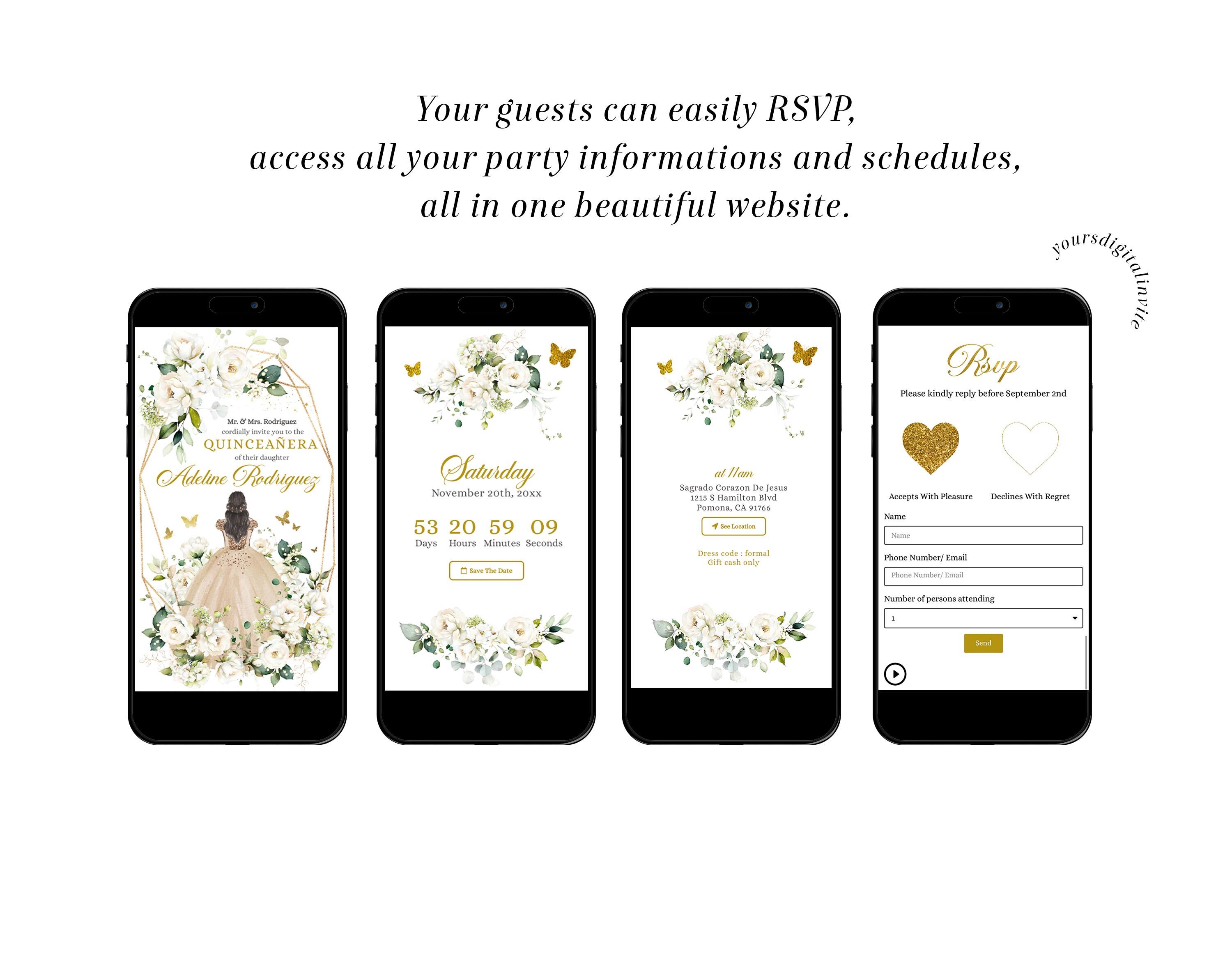 Elegant Champagne Beige Princess Quinceanera Mobile Invitation, Rose ...