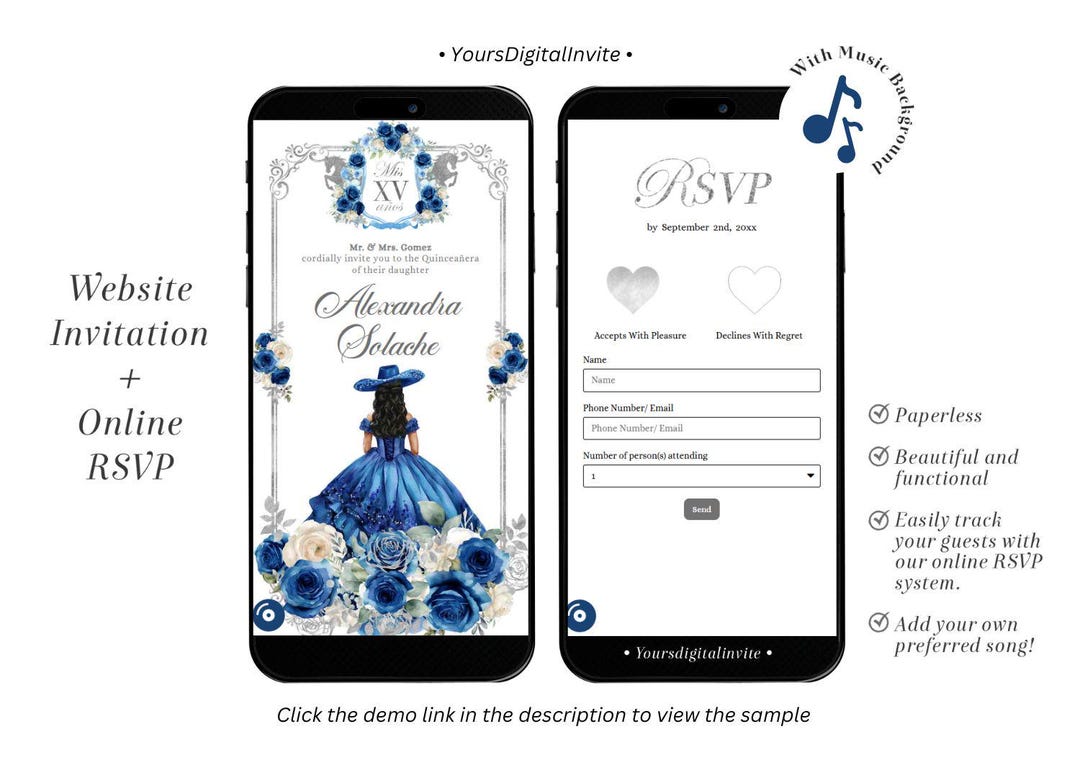 Navy Blue Western Charra Quinceañera Mobile Invite, Navy Blue Princess ...