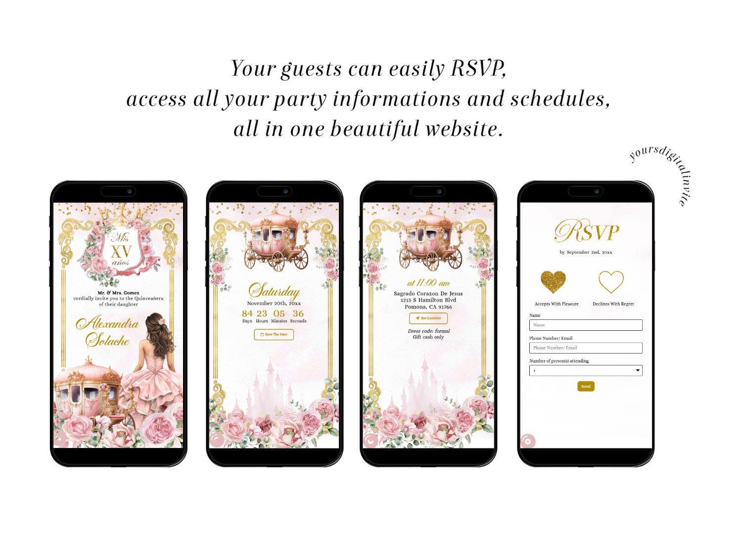 Rose Gold Royal Princess Quinceañera Mobile Invite, Fairytale Pink ...