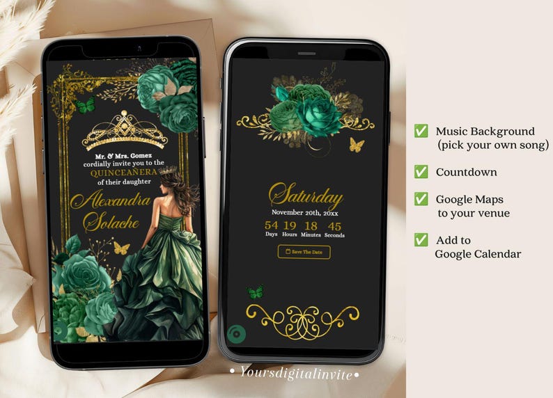 Gold and Emerald Green Quinceanera Mobile Invite, Gold Crown Quince ...