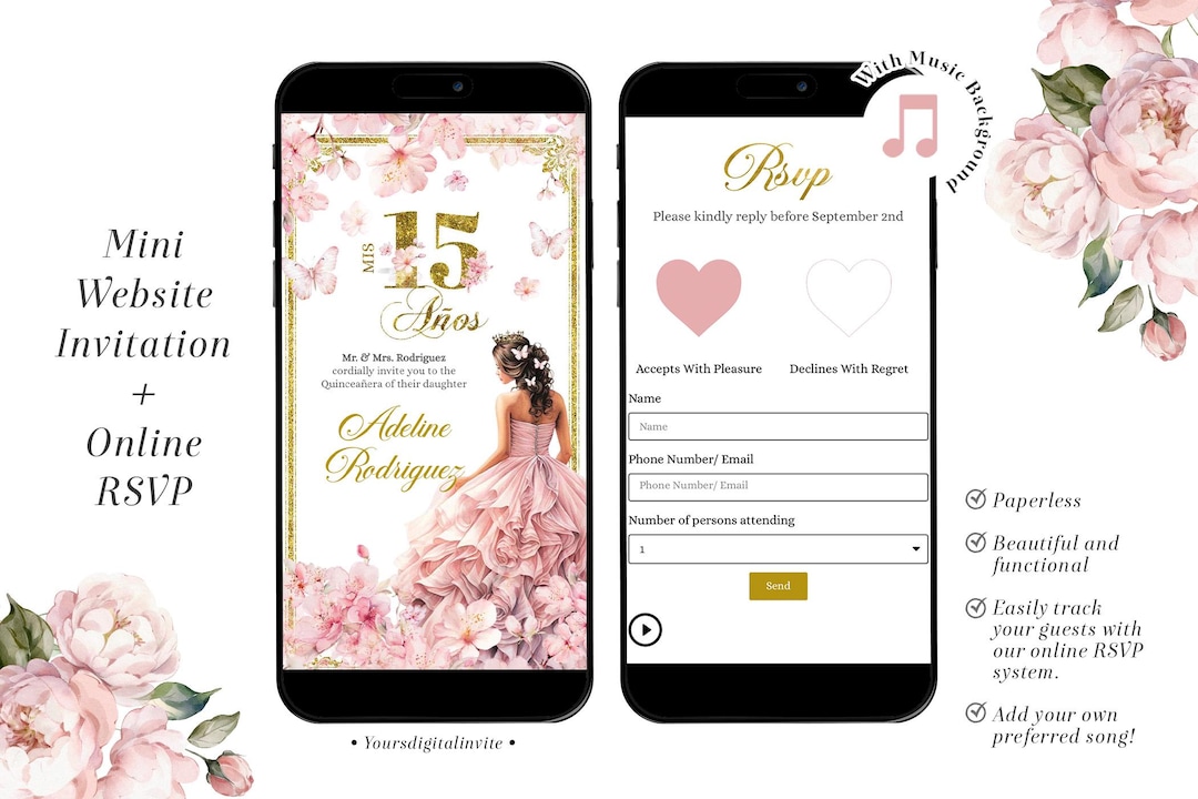 Pink Cherry Blossom Princess Quinceanera Mobile Invite, Royal Mis ...