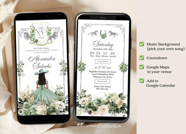Sage Green Western Charra Quinceañera Mobile Invite, Sage Green ...