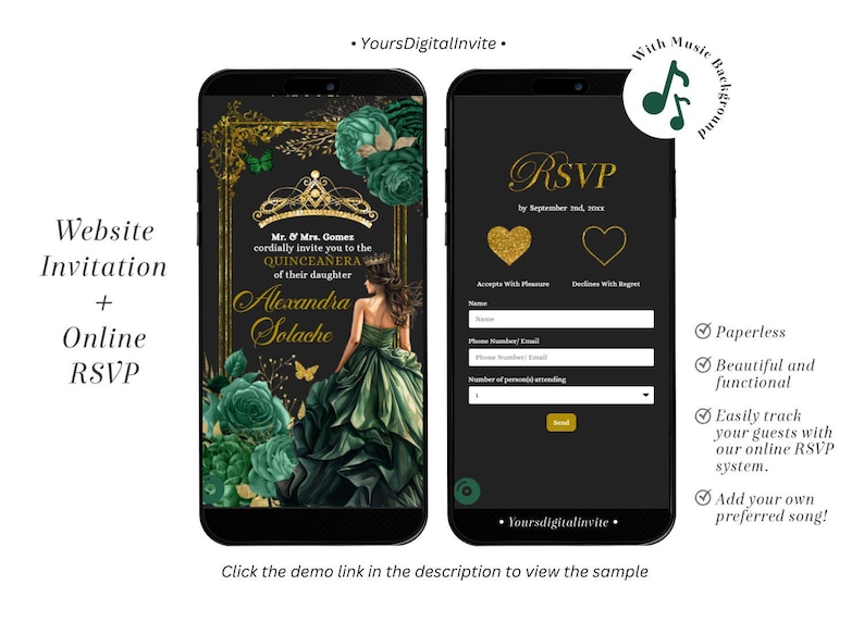 Gold and Emerald Green Quinceanera Mobile Invite, Gold Crown Quince ...