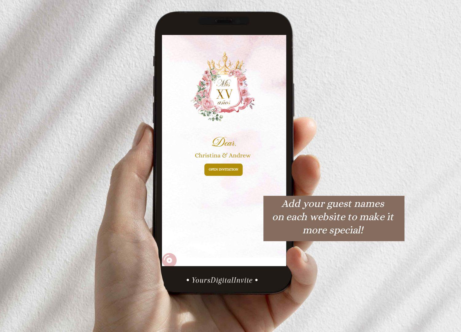 Rose Gold Royal Princess Quinceañera Mobile Invite, Fairytale Pink ...