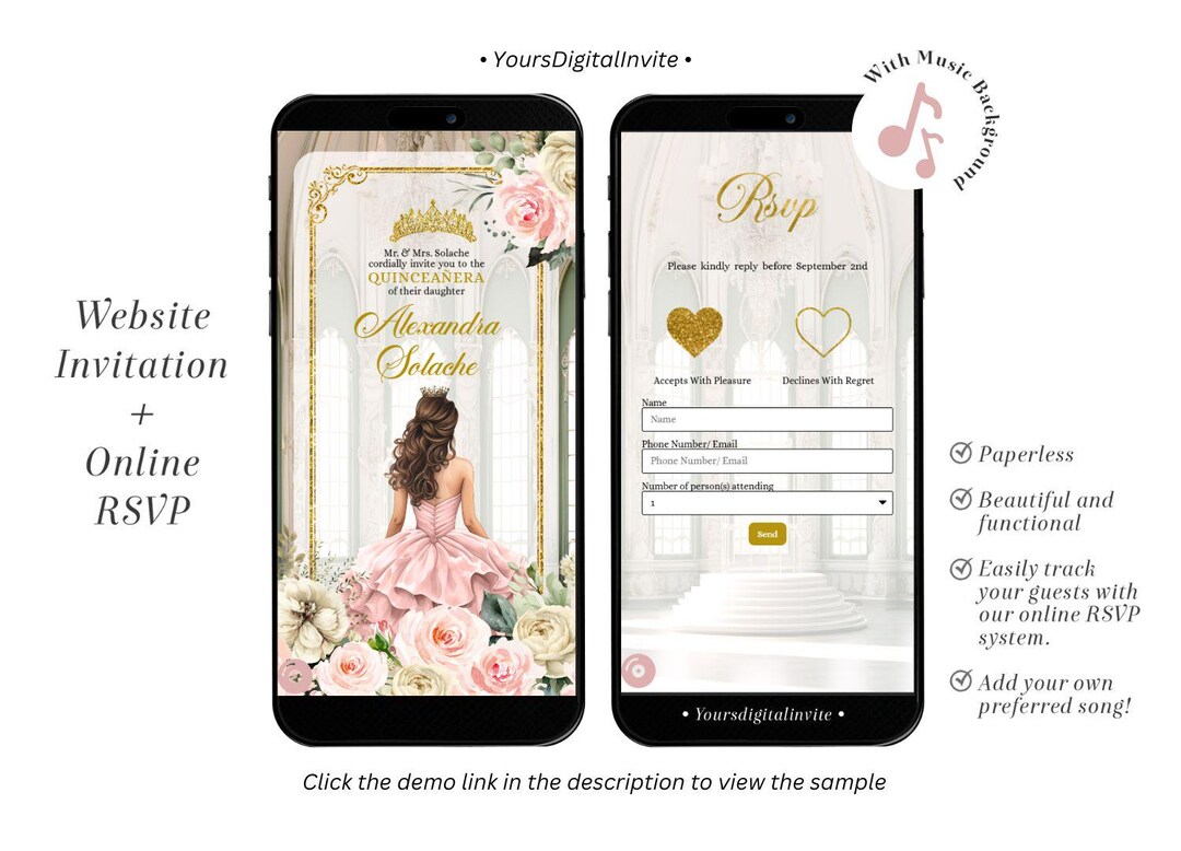 Blush Pink Princess Quinceañera Mobile Invite, Ivory Floral Royal ...
