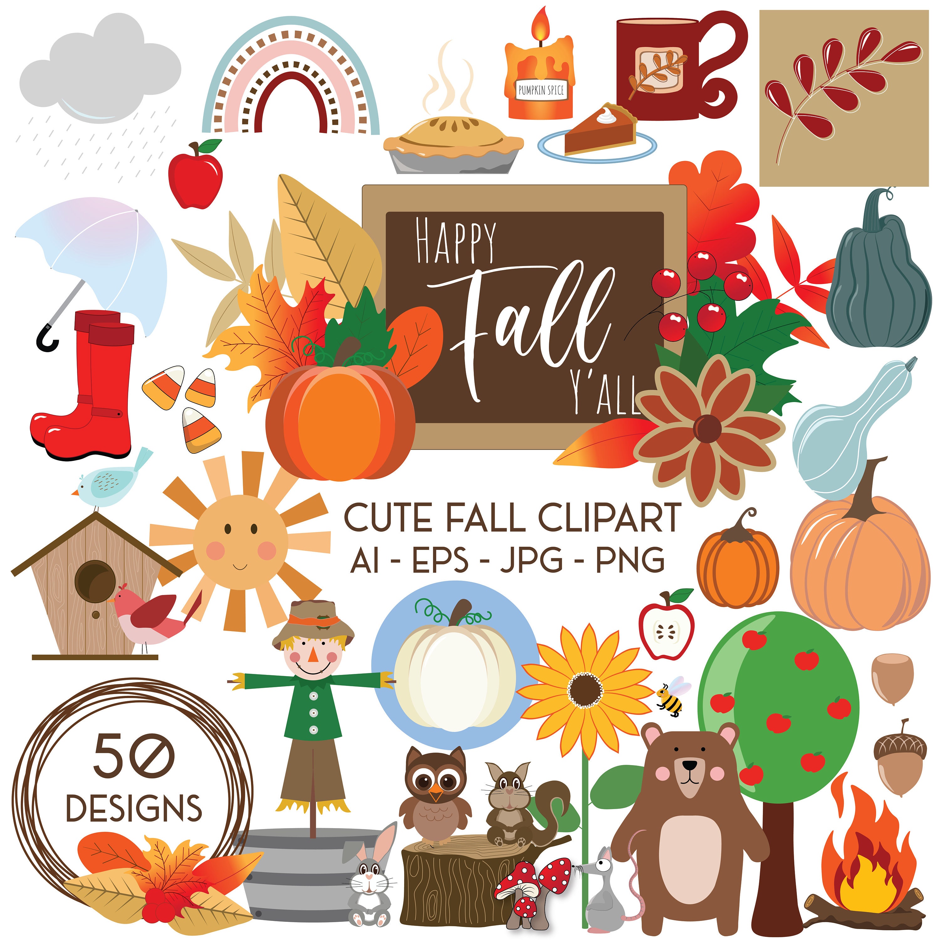 Cute Fall Clipart Vectors AI EPS Jpg Png Pumpkins - Etsy