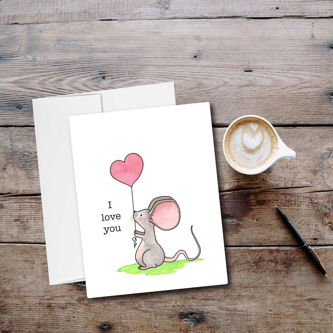 I Love You Watercolor Mouse With Heart Balloon Card & Envelope ...