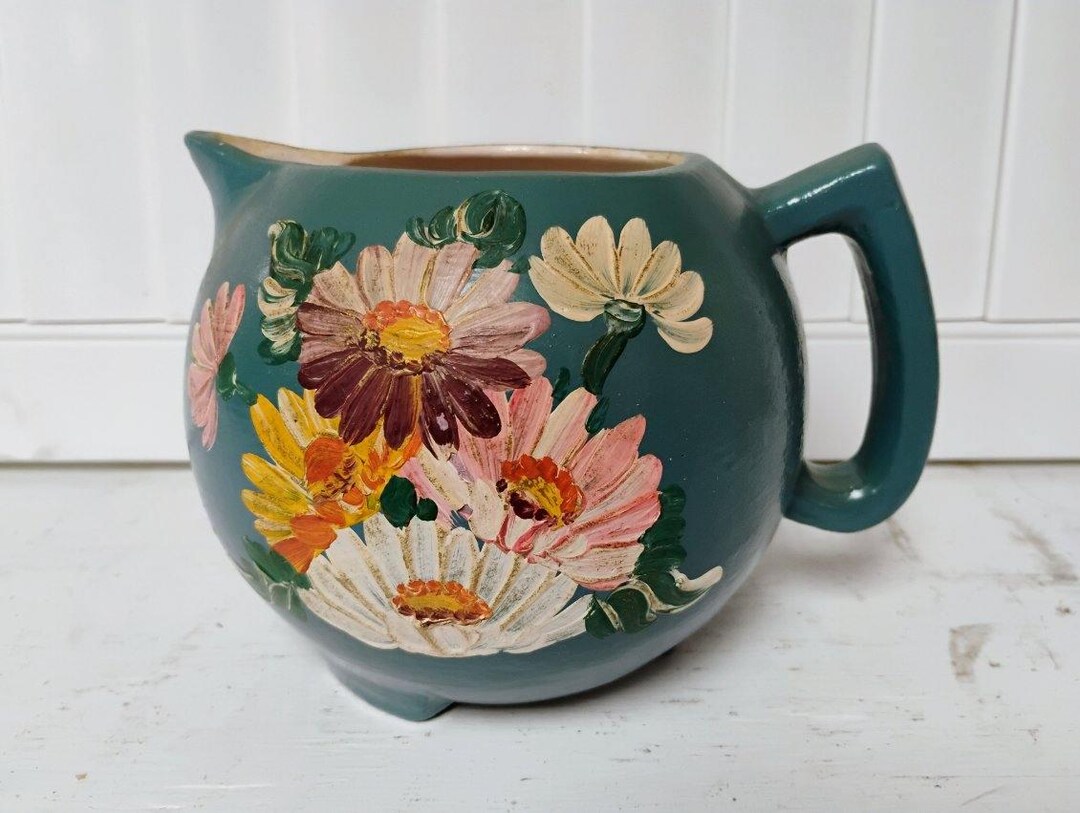 Vintage Ransburg Pottery Pitcher Blue. Tole Painted Flower Decor ...